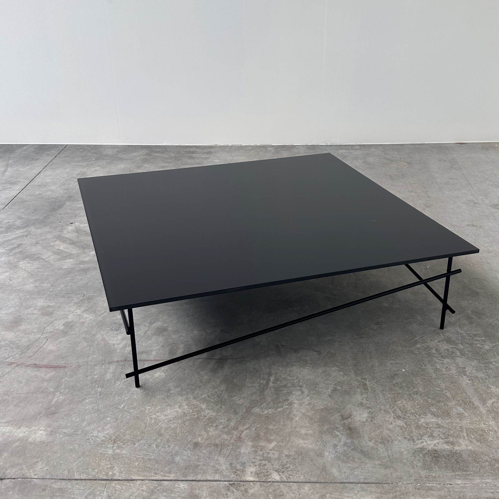 Minimalist Black Glass Coffee Table With Industrial Metal Base ...