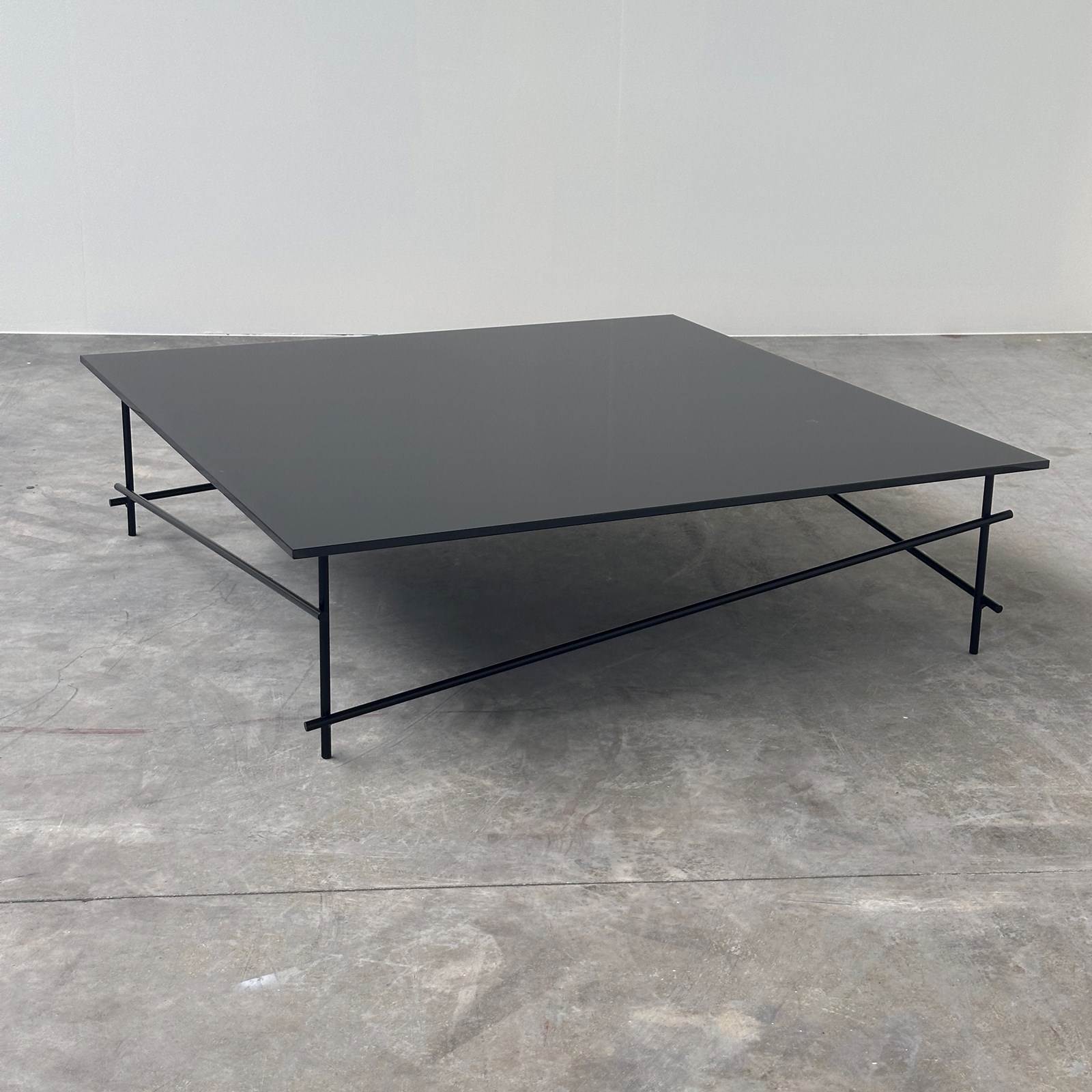 Minimalist Black Glass Coffee Table With Industrial Metal Base ...