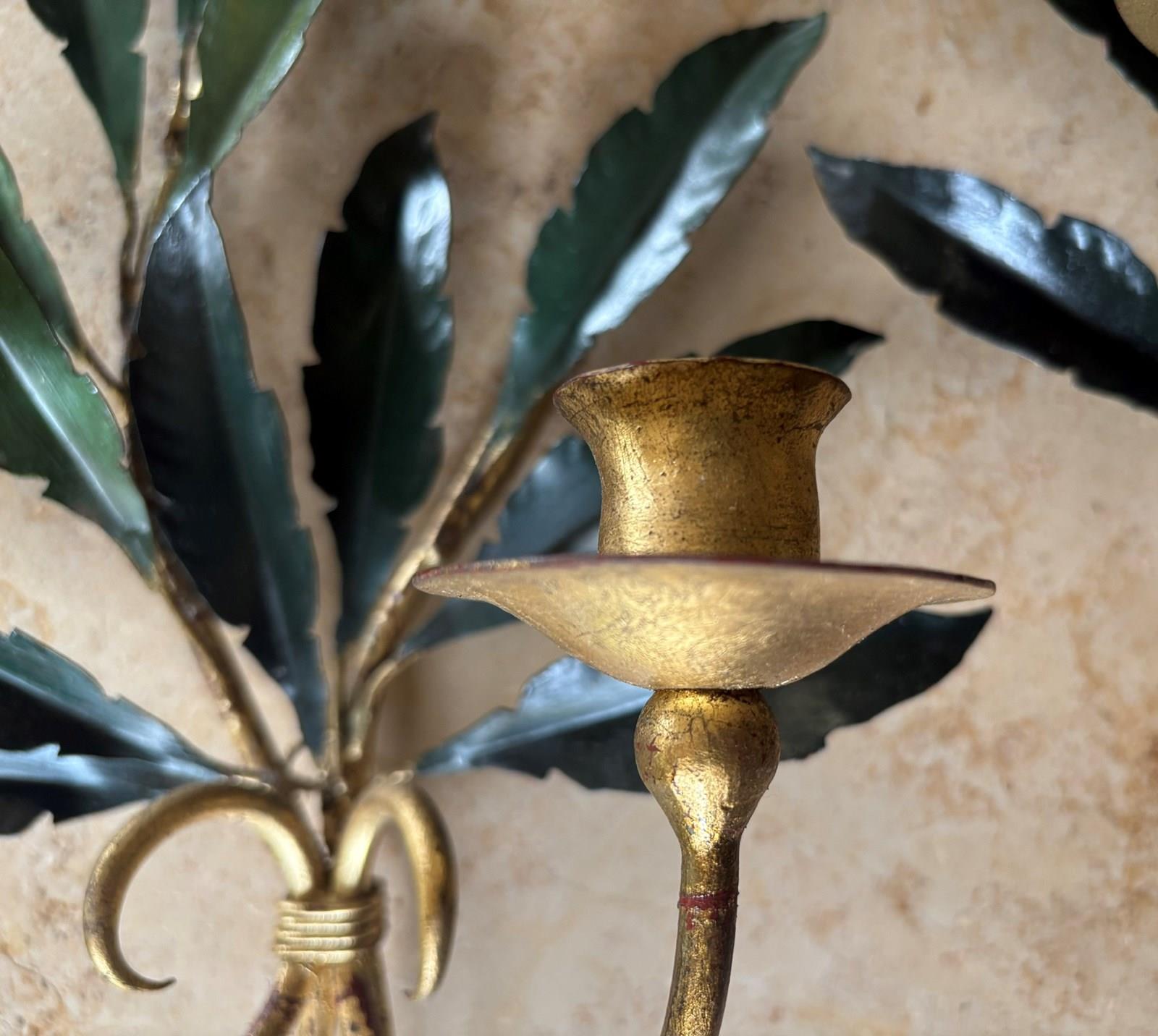 A Pair Of Painted & Gilt Tole 'Leafy Bay' Sconces, French, C.1960 ...